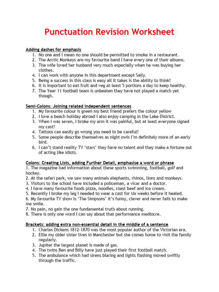 Punctuation Revision Worksheet Guide | PDF