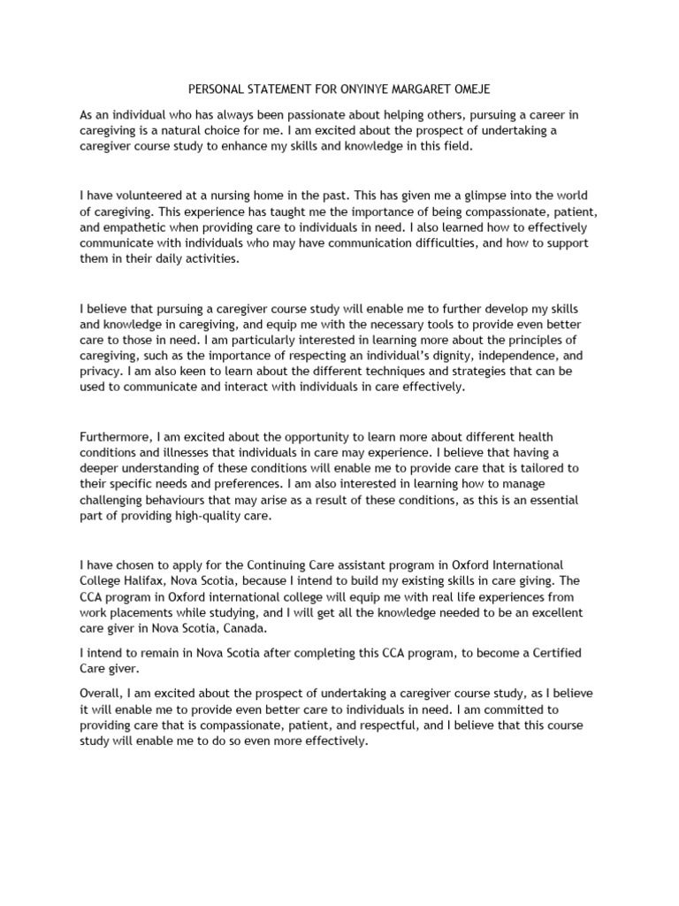 Personal Statement For Onyinye Margaret Omeje | PDF | Caregiver ...