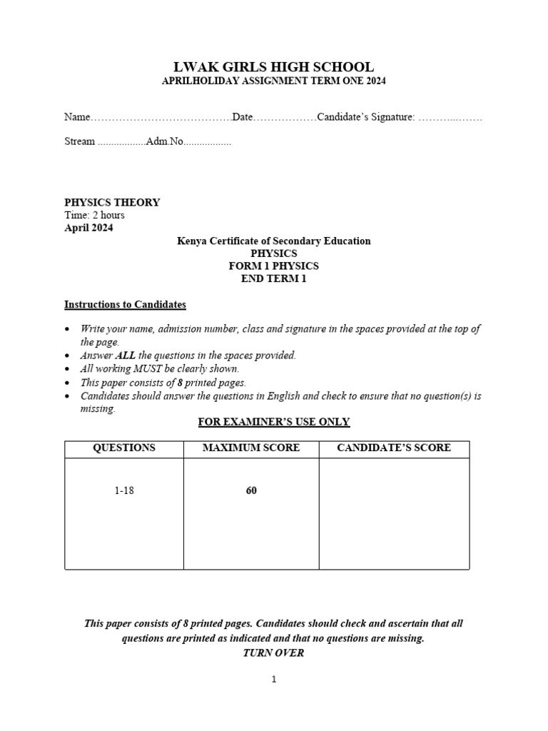 Form 1 - Physics - Question Paper | PDF | Density | Weight