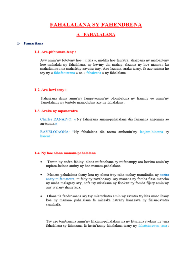 Fahalalana Sy Fahendrena | PDF