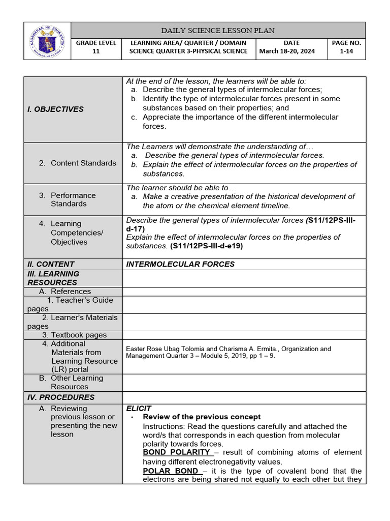 Daily-Lesson-Plan-for- PhysScie-intermolecular forces | PDF ...