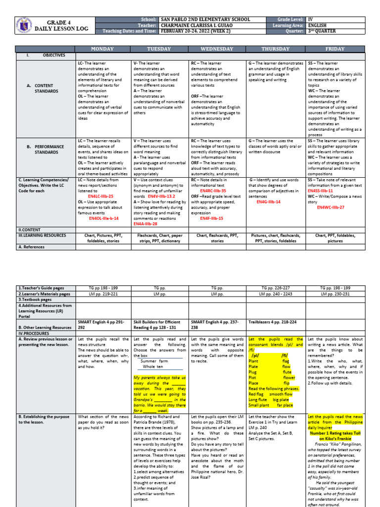 DLL - English 4 - Q3 - W2 | PDF | Learning | English Language