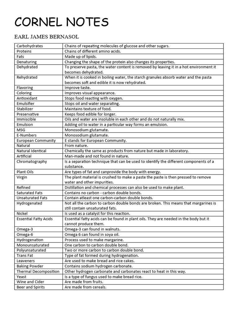 Cornel Notes (Earl James) | PDF | Fat | Fatty Acid