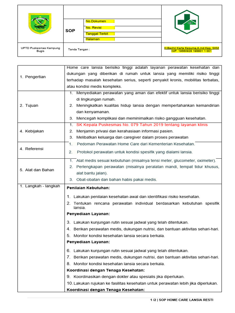 SOP Home Care Lansia Berisiko Tinggi | PDF