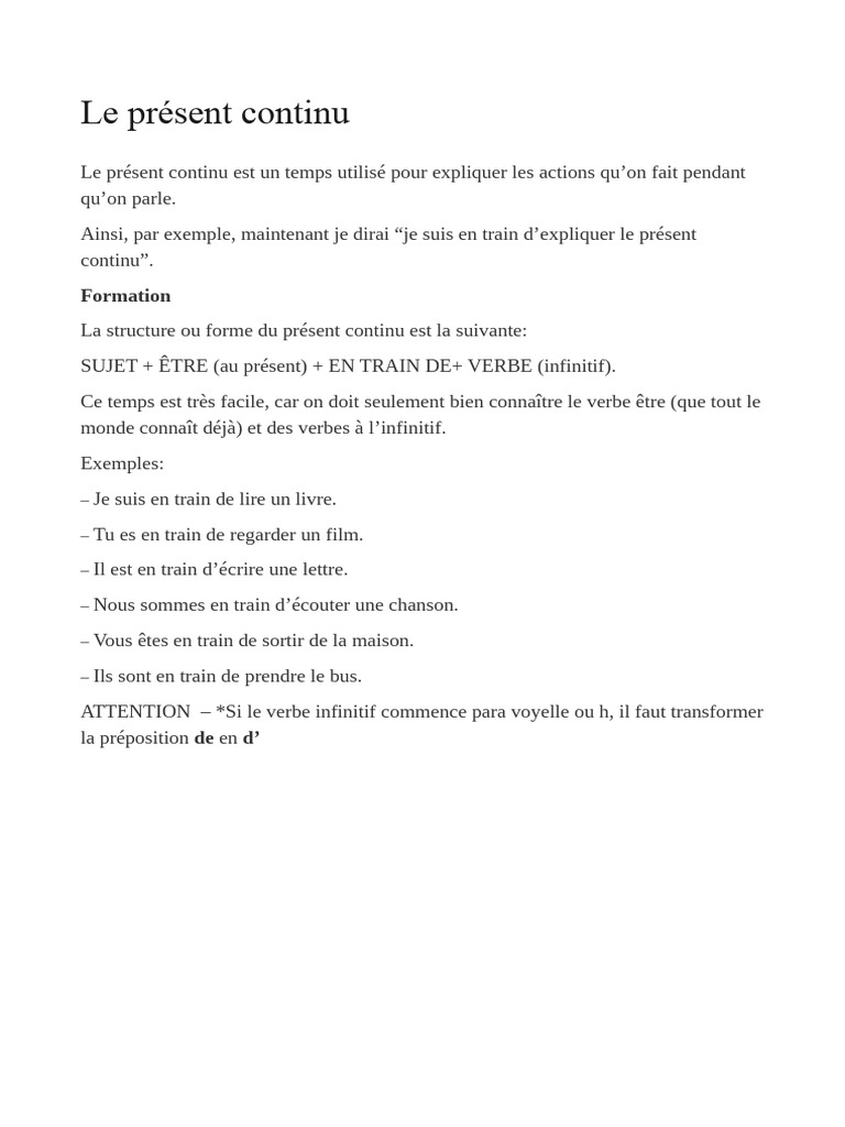 Le Présent Continu en Français | PDF