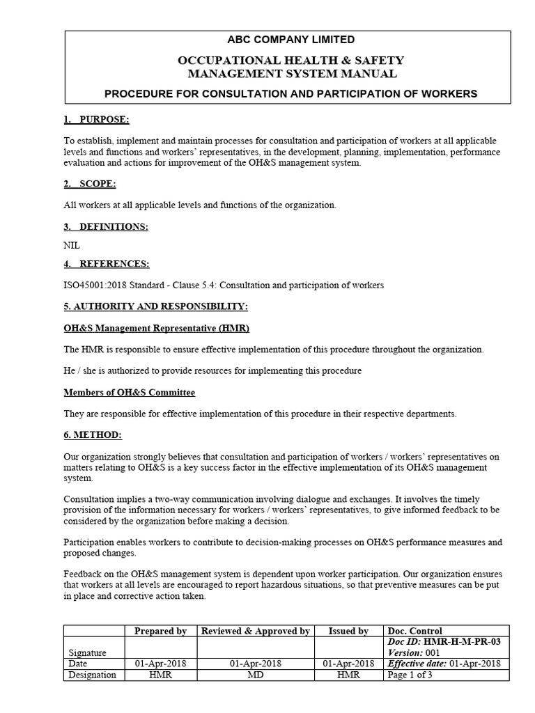 HMR-H-M-PR-03 Procedure for Consultation and Participation of Workers | PDF | Occupational ...