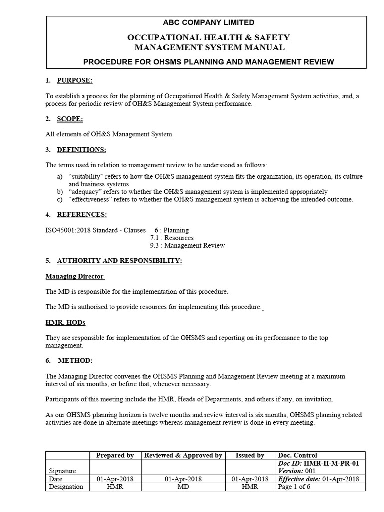 OHSMS Planning & Management Review Procedure | PDF | Risk | Occupational Safety And Health