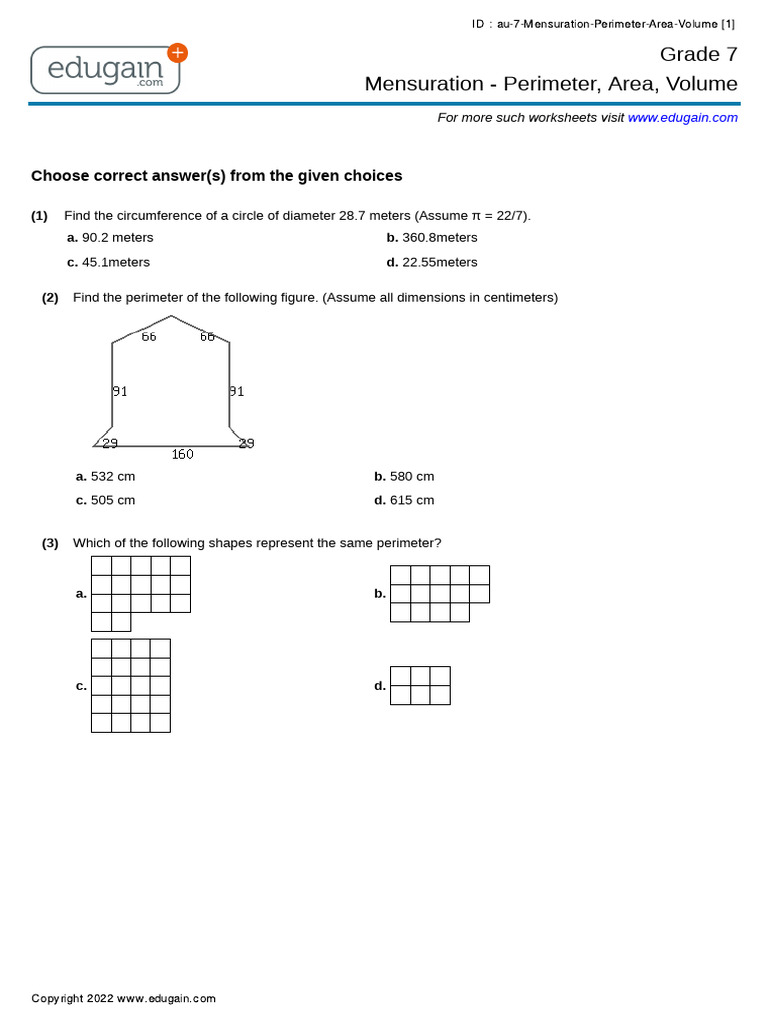Grade 7 Mensuration Perimeter Area Volume Au | PDF | Area | Length
