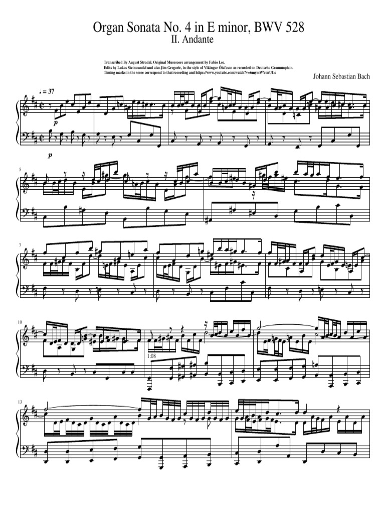 Bach Organ Sonata No. 4 in E Minor BWV 528 Andante For Piano | PDF ...
