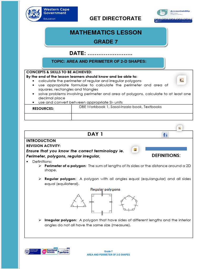 Maths Grade 7 Mathematics 11 15 May 2020 English AREA AND PERIMETER OF ...