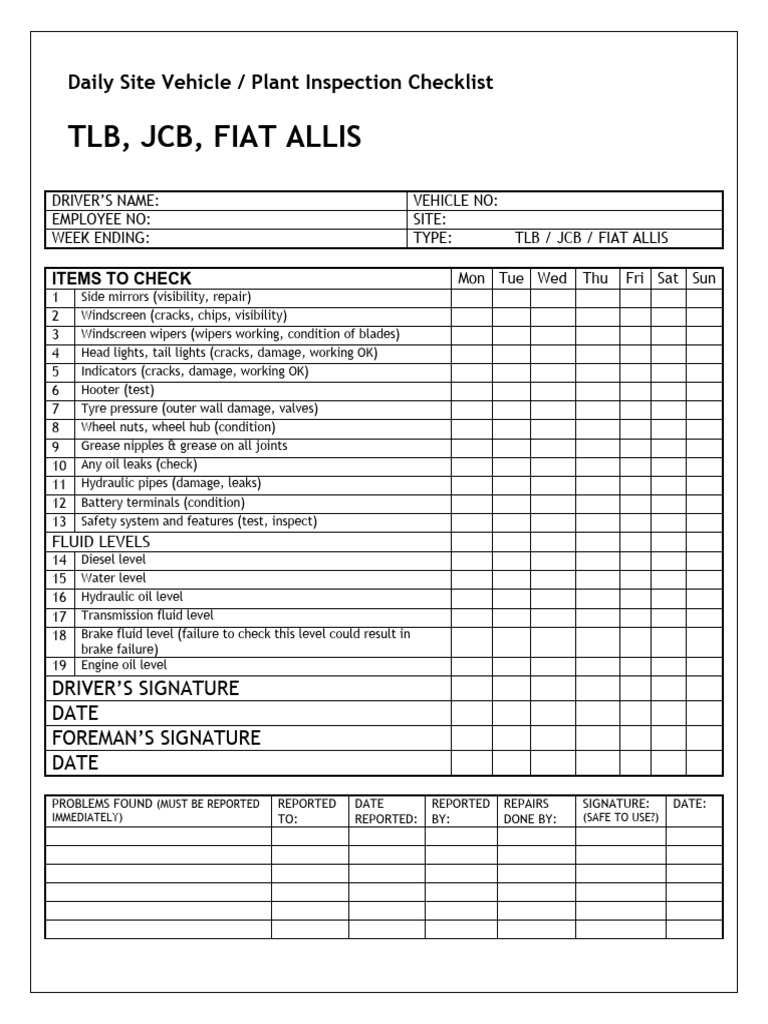 Daily Vehicle/Plant Inspection Checklist | PDF