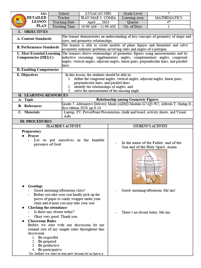 DLP in Mathematics Seven - Pairs of Angle | PDF | Angle | Perpendicular