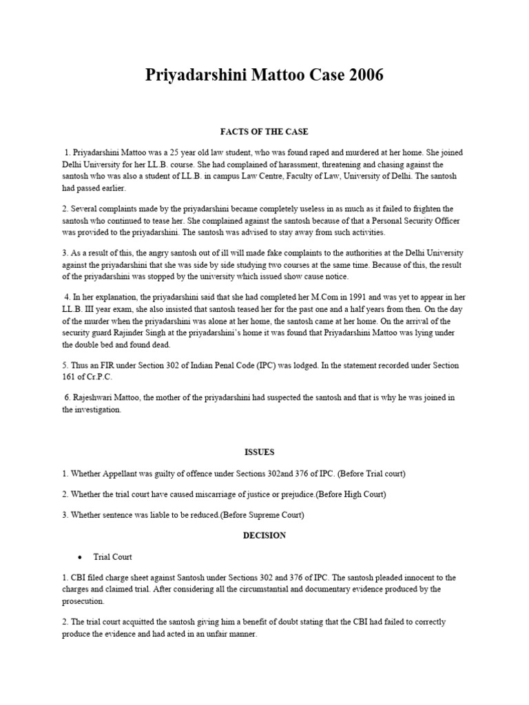 Priyadarshini Mattoo Murder Case Summary | PDF | Capital Punishment ...