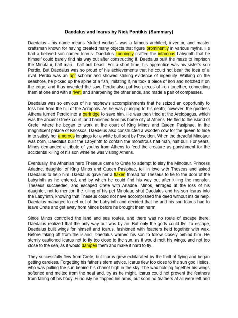Daedalus and Icarus: A Summary by Nick Pontikis | PDF | Minotaur | Theseus