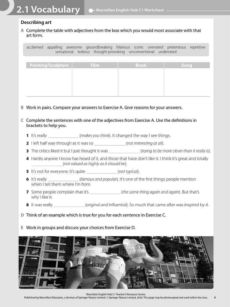 Vocabulary Worksheet: Describing Art | PDF