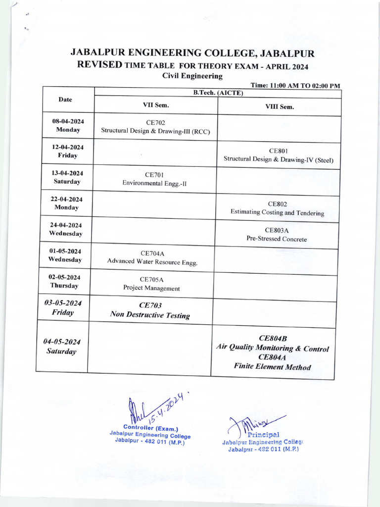 REVISED THEORY TIME TABLE FOR B.TECH AICTE 7th & 8th SEMESTER (REG. + EX) STUDENTS. EXAM APRIL ...