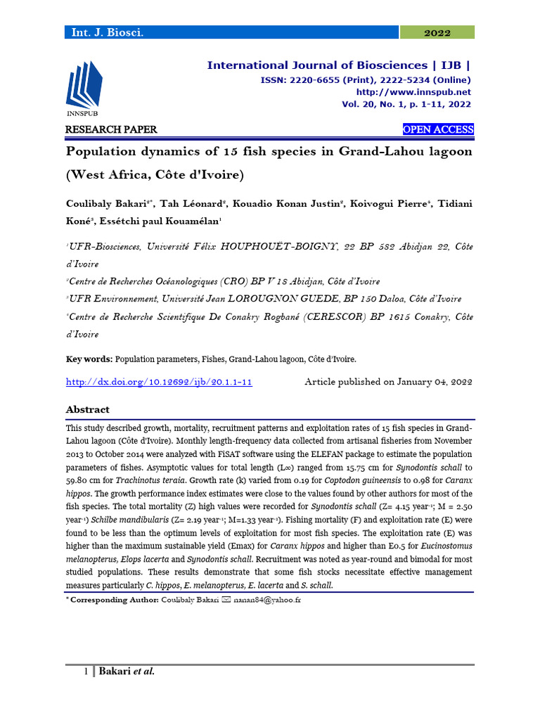 Population Dynamics of 15 Fish Species in Grand-Lahou Lagoon (West Africa, Côte D'ivoire) | PDF ...