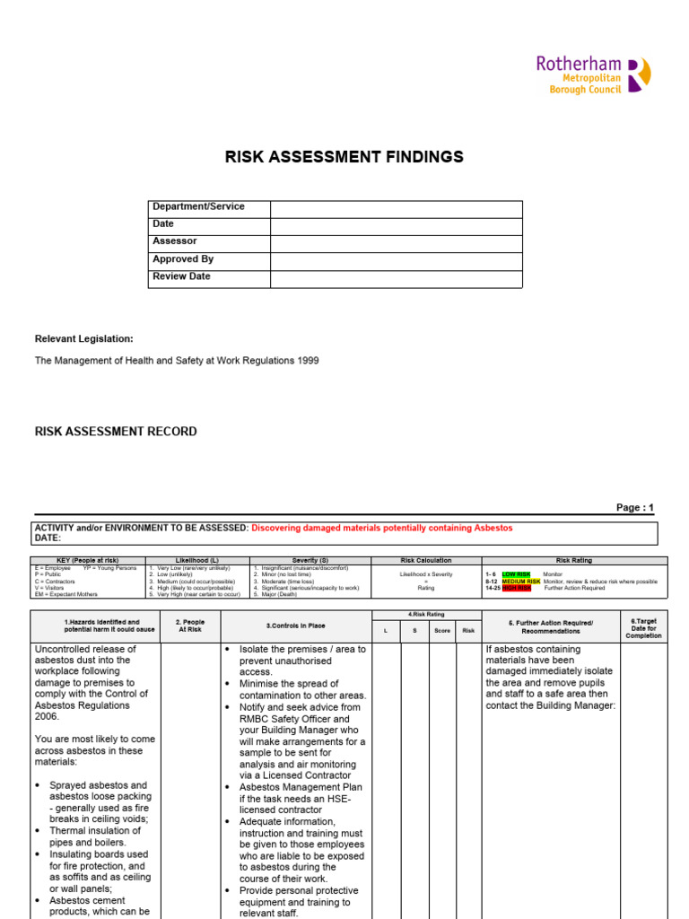 Asbestos Risk Assessment Template | PDF | Asbestos | Risk