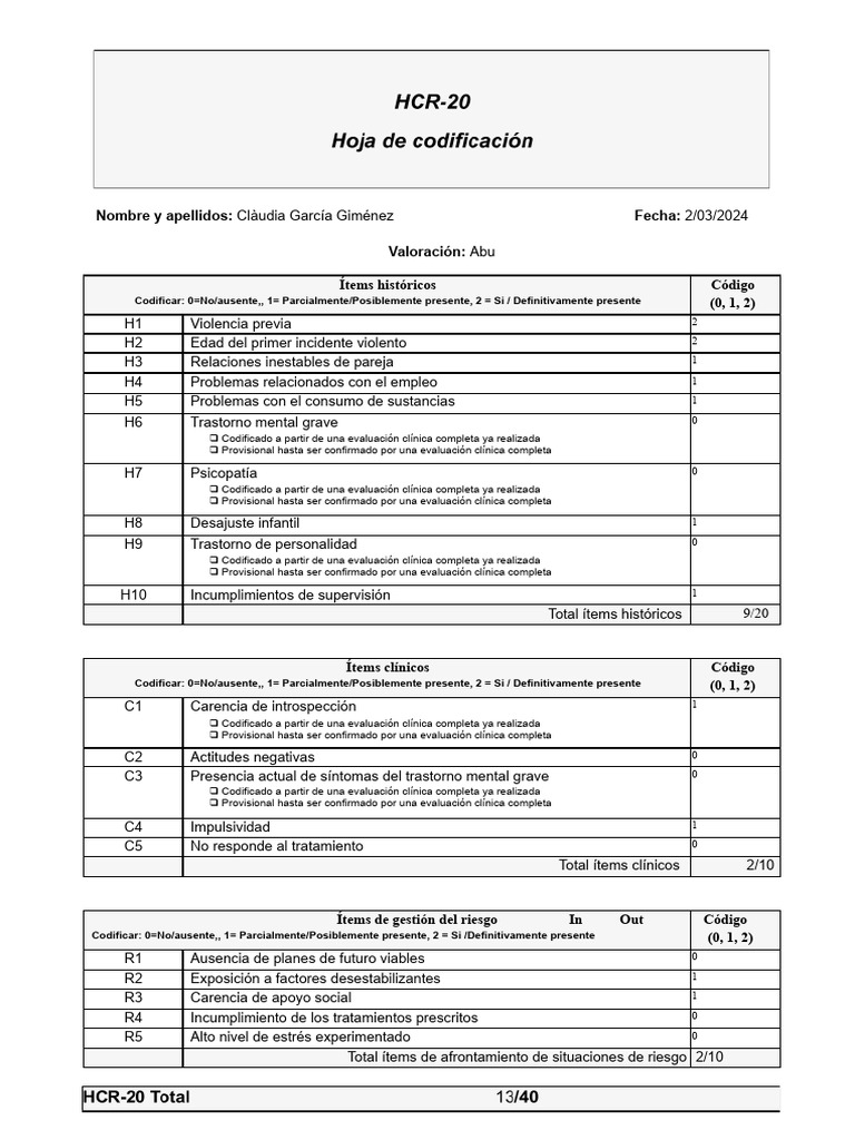 HCR-20 para Informe Pericial (Abu) | PDF | Enfermedades y trastornos ...