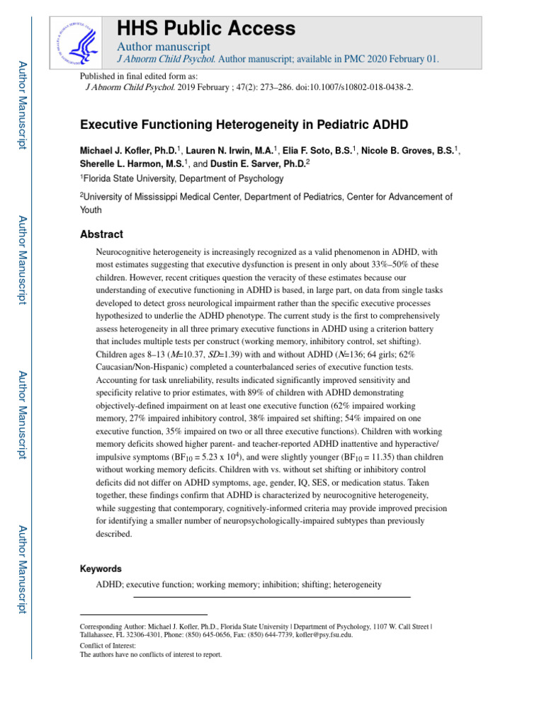 kOFLER ET AL. 2018 | PDF | Attention Deficit Hyperactivity Disorder | Executive Functions