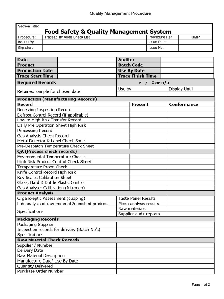 Traceability Audit Checklist for Food Safety | PDF | Audit | Calibration