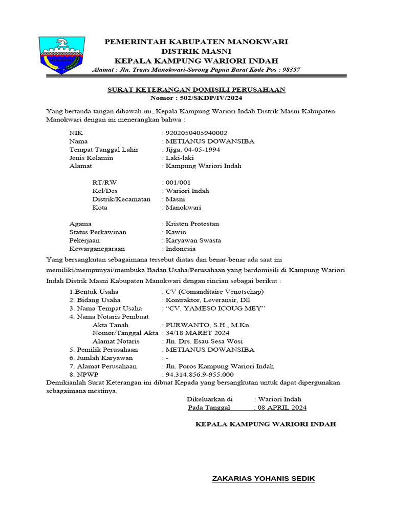 Surat Keterangan Domisili CV YAMESO | PDF