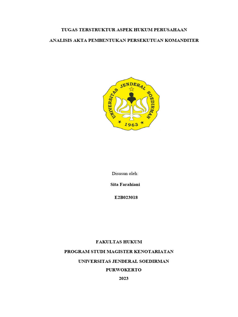 Akta Pendirian CV - Sita Farahiani - E2b023018 | PDF | Pengelolaan Keuangan & Uang