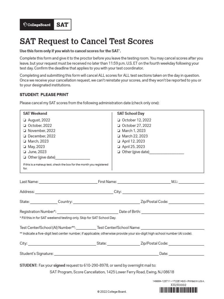 Sat Cancel Scores Request Form | PDF | Written Communication | Freight ...