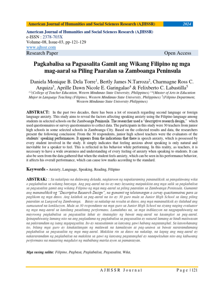 Pagkabalisa Sa Pagsasalita Gamit Ang Wikang Filipino NG Mga Mag-Aaral ...