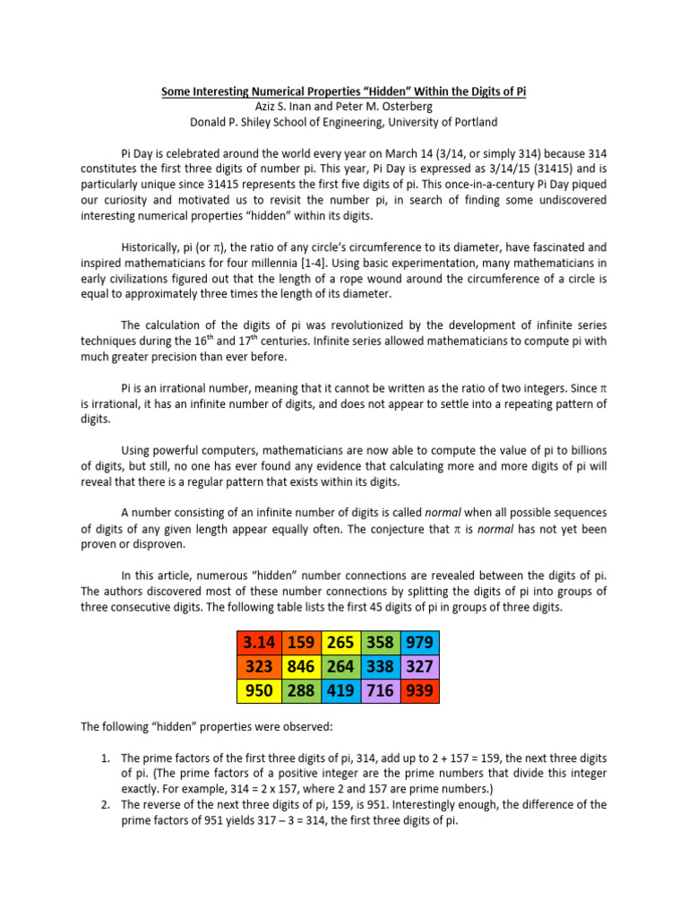 Pi 31415 Inan Osterberg | PDF | Pi | Numbers
