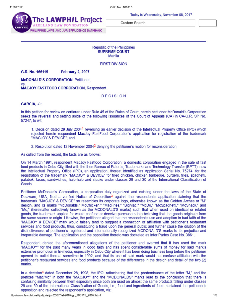 Mcdonalds Corpo VS Macjoy Fastfood | PDF | Trademark | Mc Donald's