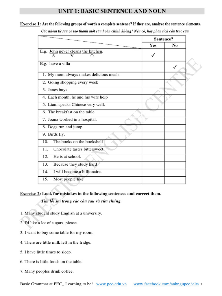 Unit 1 - Basic Sentence and Noun - Exercise | PDF