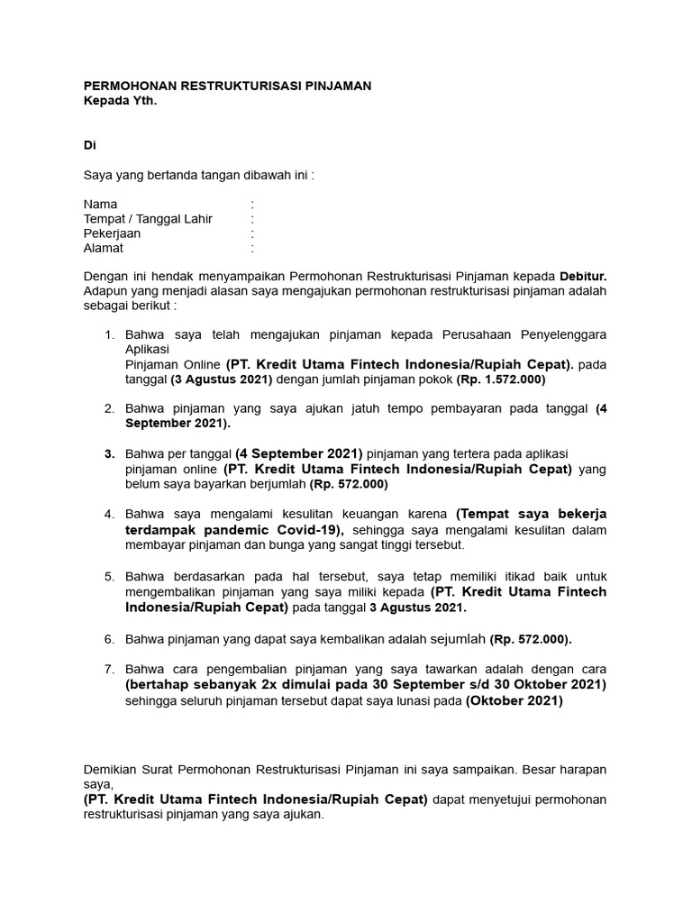 Permohonan Restrukturisasi Pinjaman | PDF