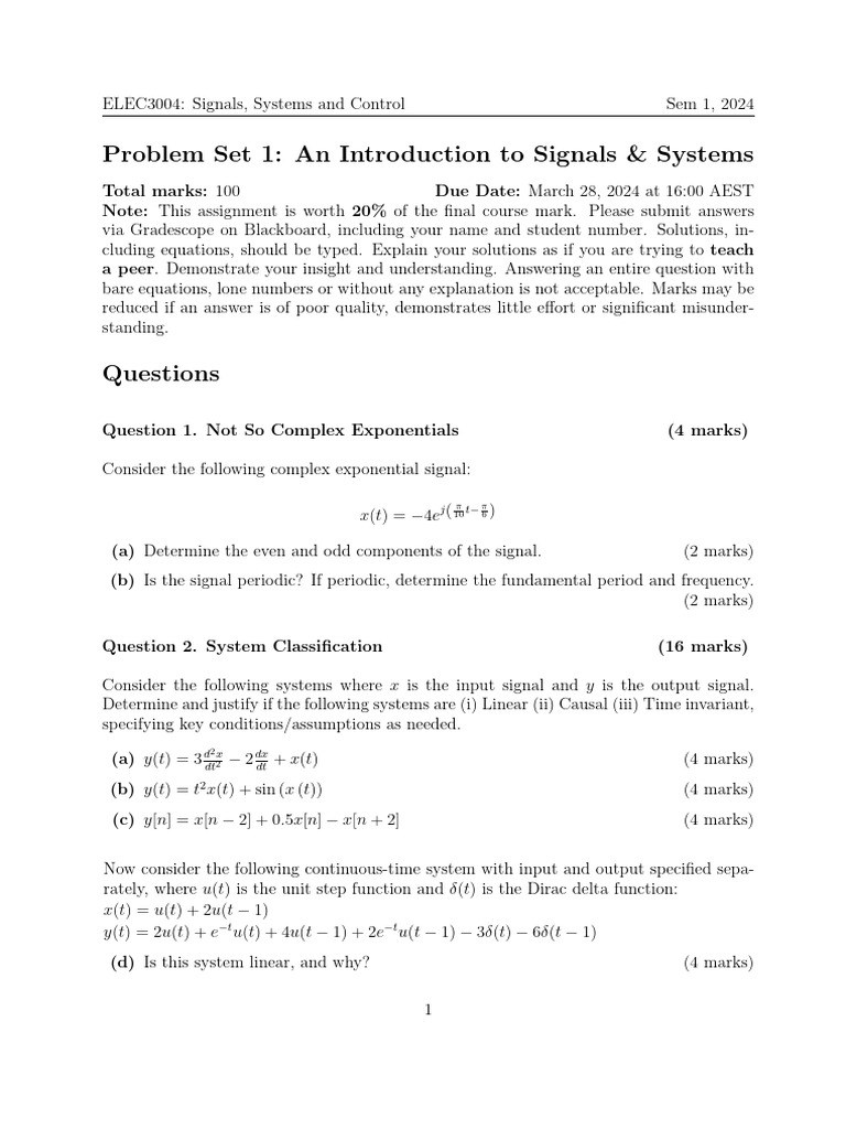 2024 ELEC3004 Problem Set 1 | PDF | Sampling (Signal Processing) | Frame Rate