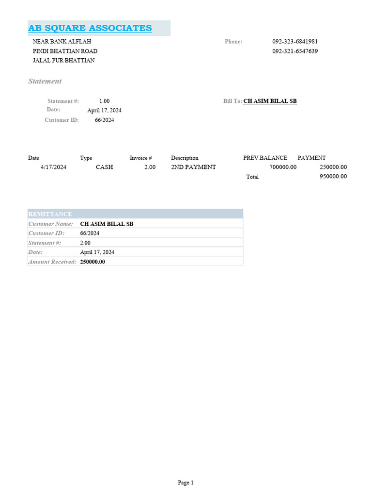 Invoice Statement for CH Asim Bilal SB | PDF | Business