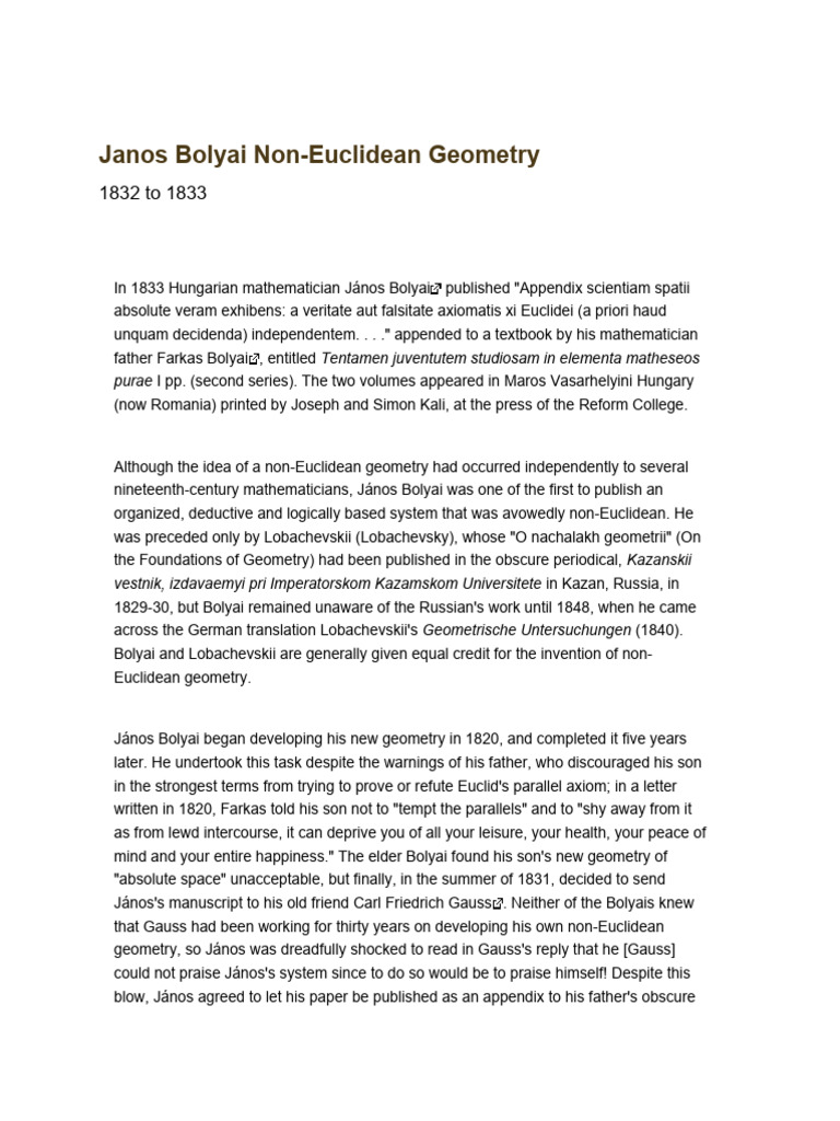 Janos Bolyai Non-Euclidean Geometry | PDF | Non Euclidean Geometry ... Janos Bolyai Non-Euclidean Geometry | PDF | Non Euclidean Geometry ...