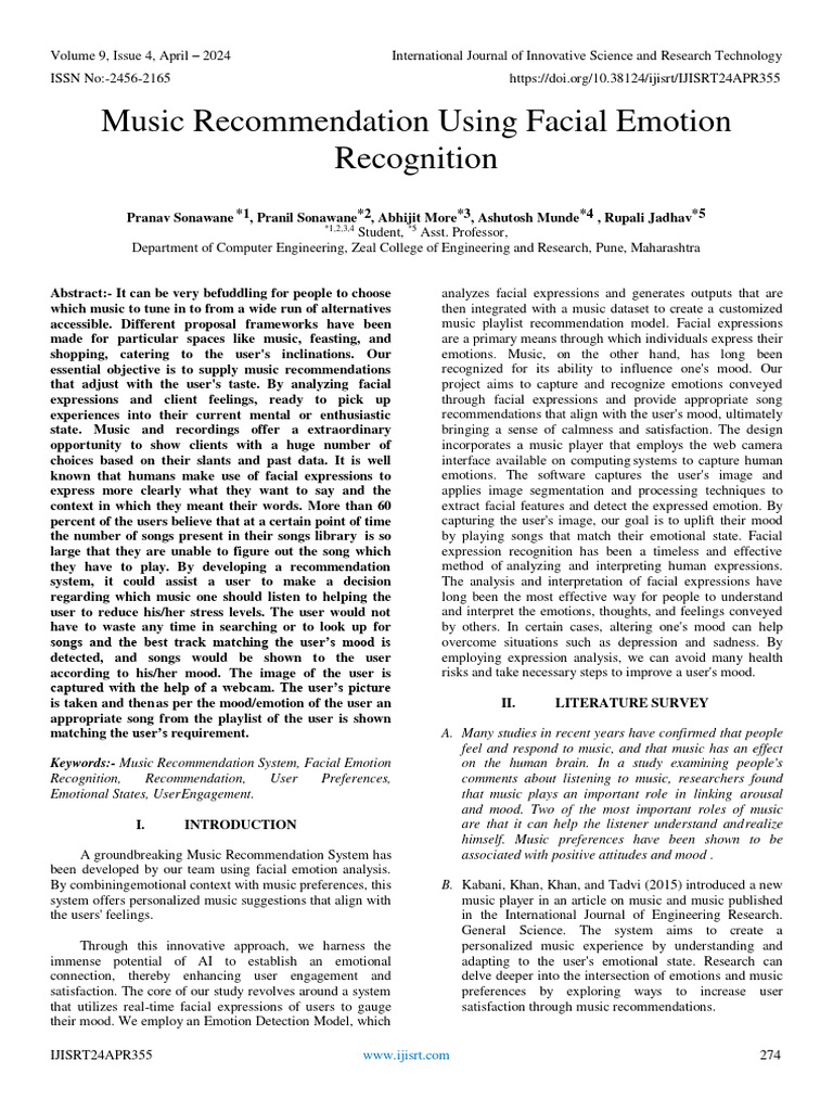 Music Recommendation Using Facial Emotion Recognition Pdf Emotions