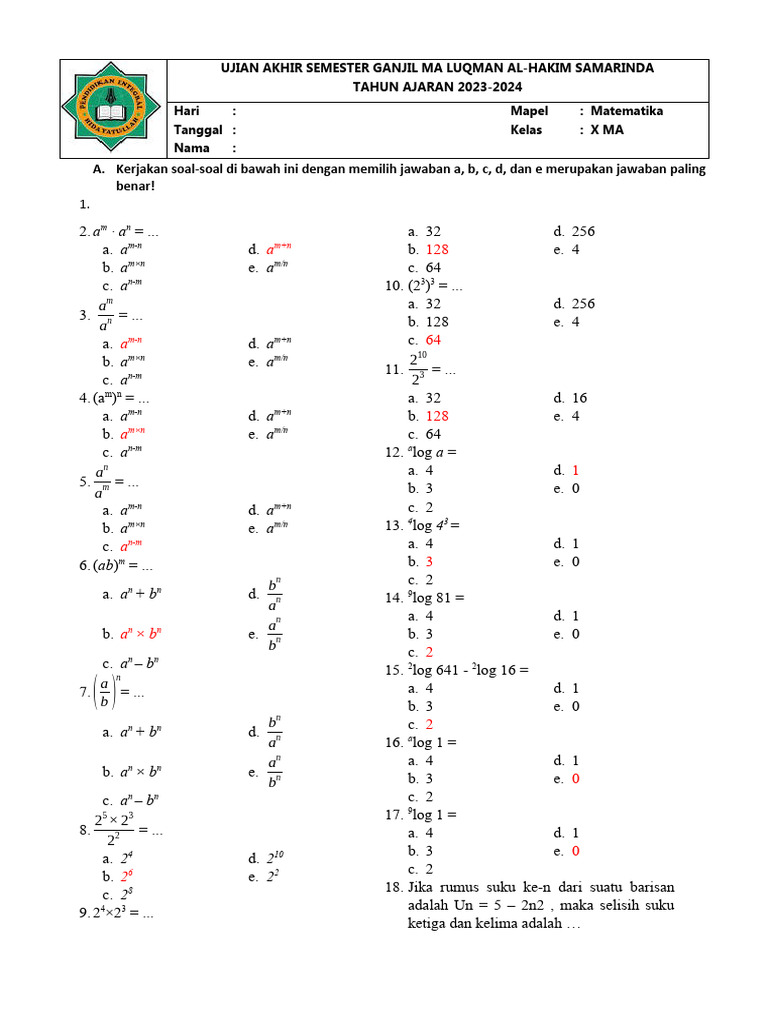 Soal PAS MTK Kelas X (2023-2024 Ganjil) | PDF | Metode & Bahan Ajar