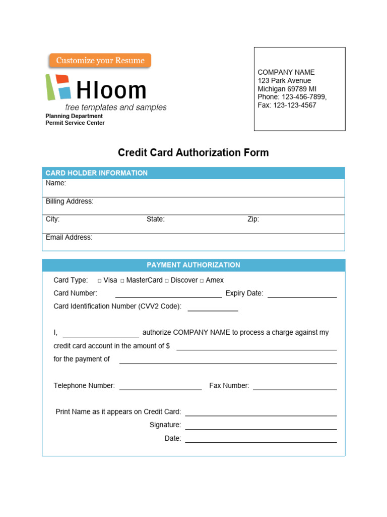 Simple Credit Card Authorization Form | PDF Simple Credit Card Authorization Form | PDF