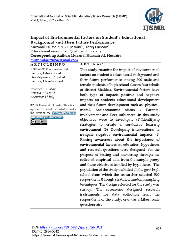Impact of Environmental Factors On Student's Educational Background and Their Future Performance ...