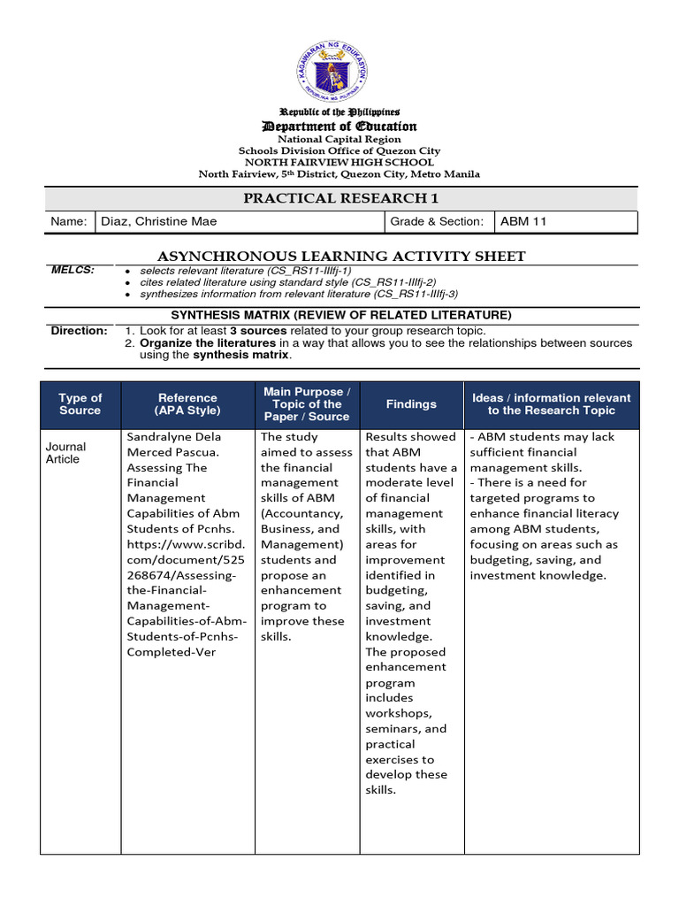 PR1 Alas Synthesis Matrix 1 | Download Free PDF | Financial Literacy ... PR1 Alas Synthesis Matrix 1 | Download Free PDF | Financial Literacy ...