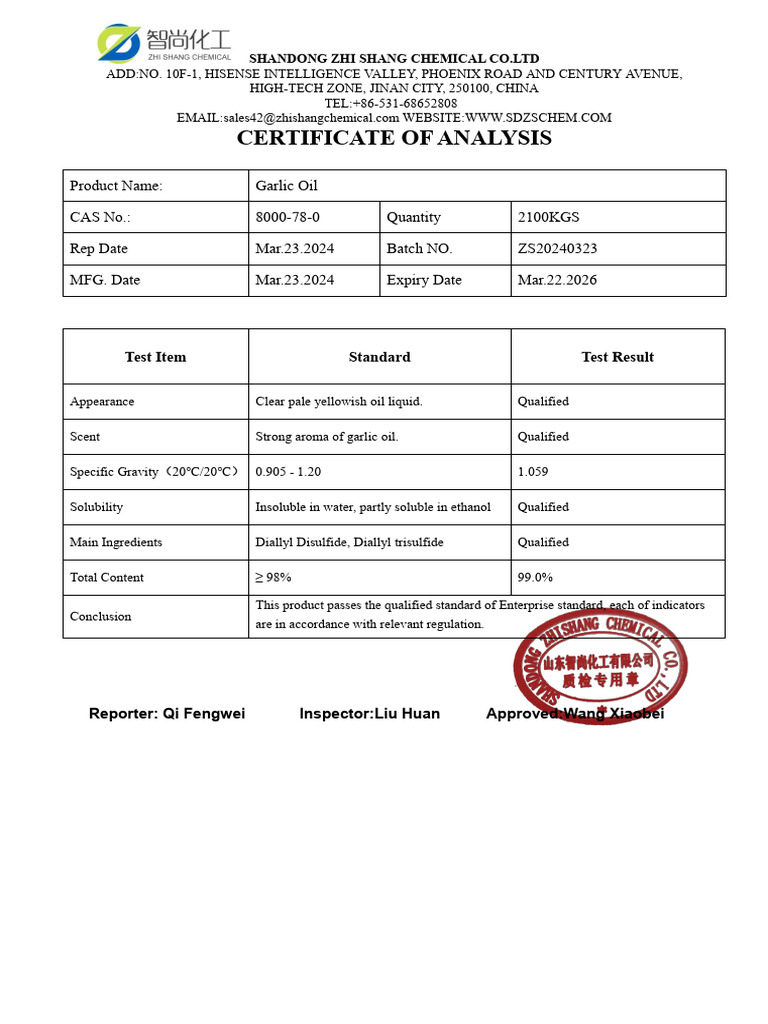 COA-Garlic Oil (Synthetic) | PDF