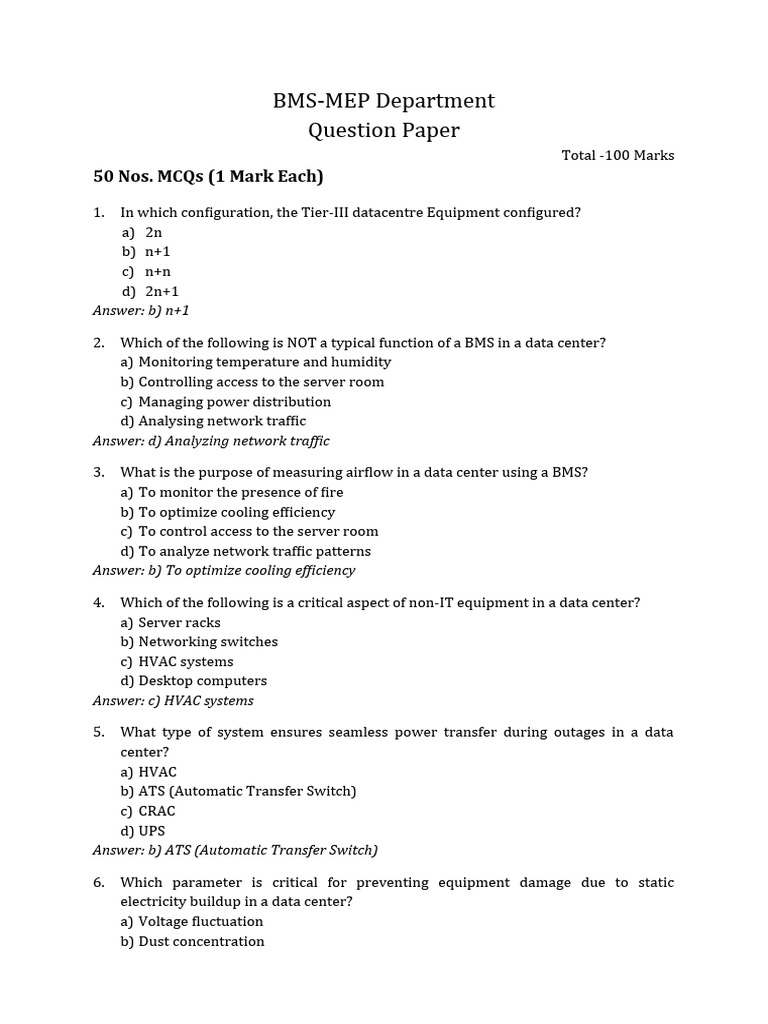 Data Center BMS-MEP Exam Questions | PDF | Data Center | Fire Sprinkler ...