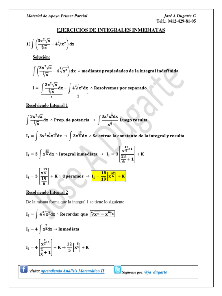 Parcial 1 Integral Indefinida Ejercicios Resueltos Pdf Integral