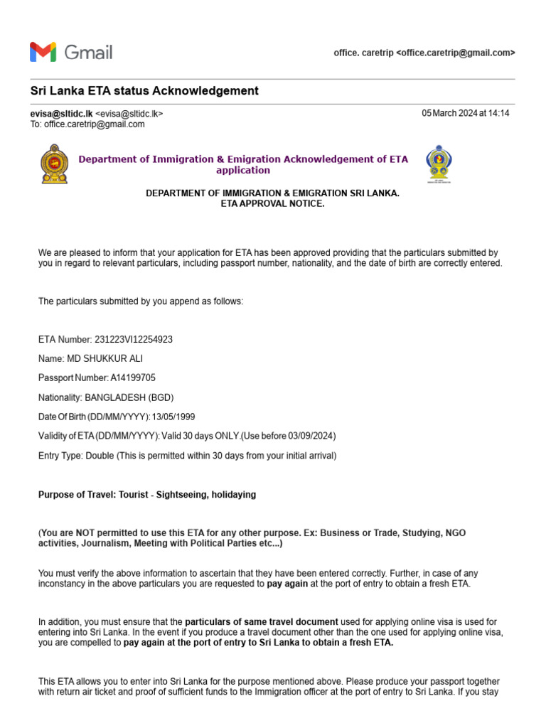 Sri Lanka ETA Status Acknowledgement: Department of Immigration ...