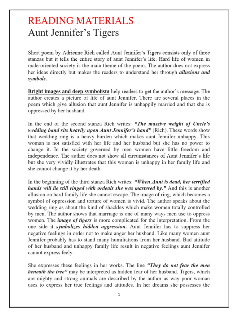 Aunt Jennifer's Tigers Notes | PDF