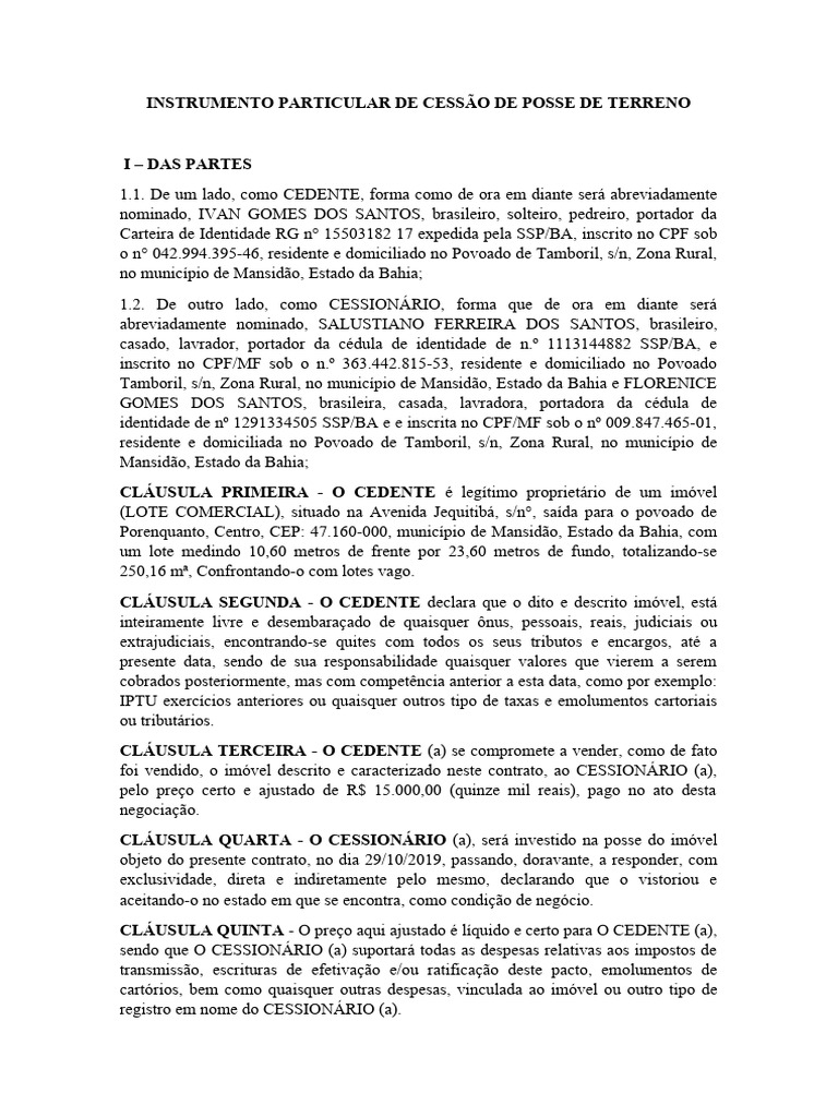 Instrumento Particular De Cessão De Posse De Terreno Pdf