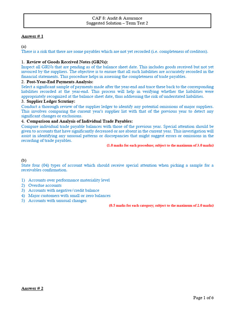 CAF8 Term_Test_2_-_Suggested_Solution | PDF | Auditor's Report ...
