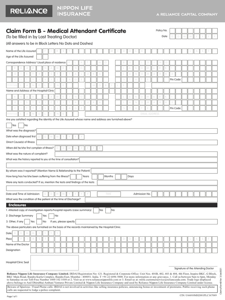 Claim Form B Medical Attendant Certificate | PDF | Public Services ...