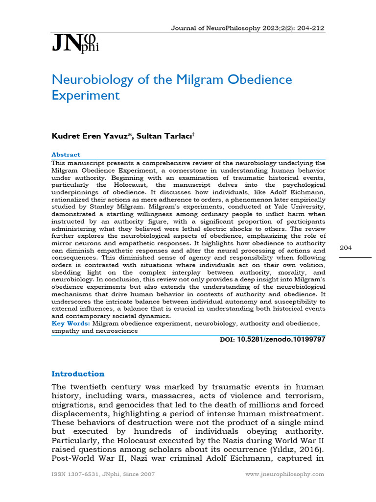 Neurobiology of Milgram's Experiment | PDF | Obedience (Human Behavior) | Empathy